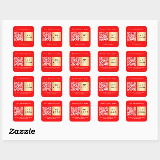 Business name bright red logo qr code square sticker | Zazzle