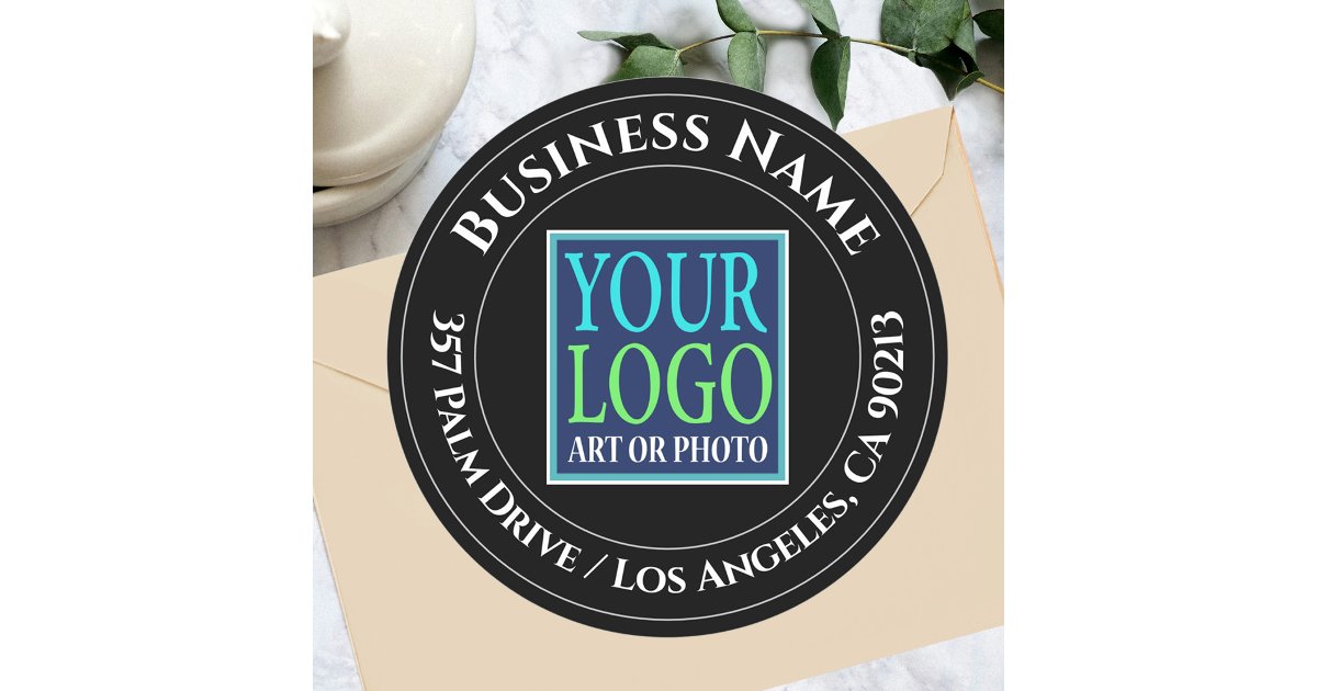 Business Name, Logo, Address, White Text on Black Classic Round Sticker ...