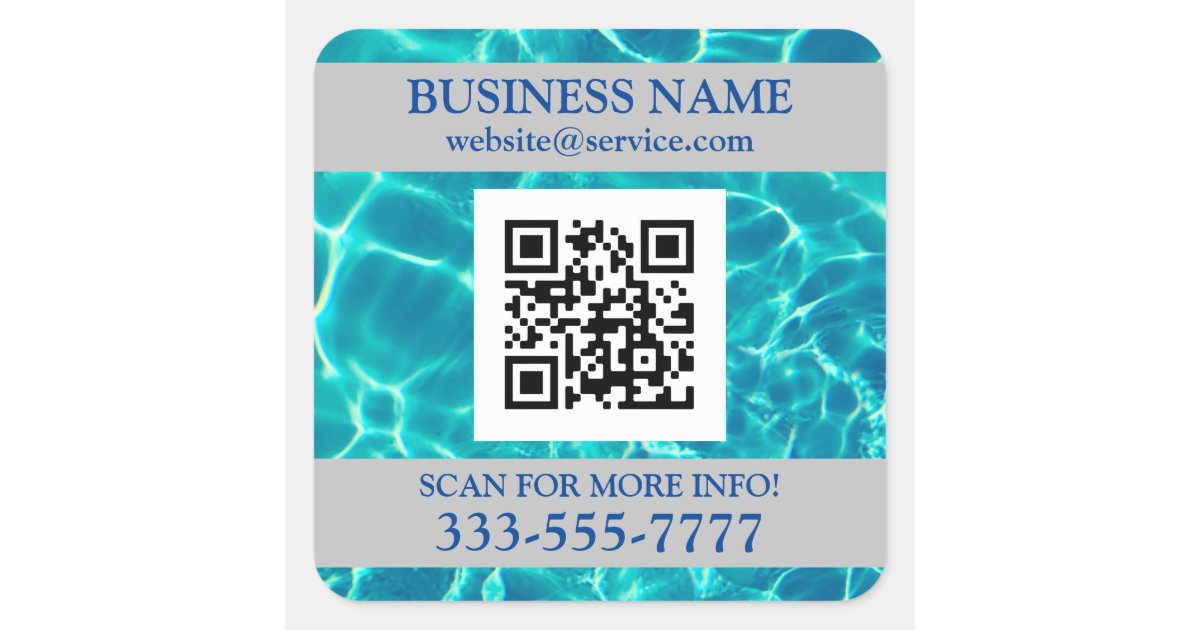 Business Name Promo, QR Code, Water, Blue Text Square Sticker | Zazzle