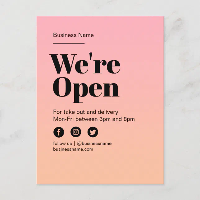 Business Open Sign Pink Orange Sunset Gradient Announcement Postcard ...