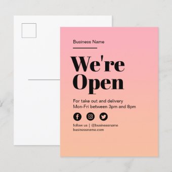 Business Open Sign Pink Orange Sunset Gradient Announcement Postcard ...