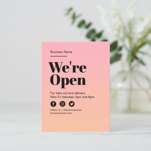 Business Open Sign Pink Orange Sunset Gradient Announcement Postcard ...