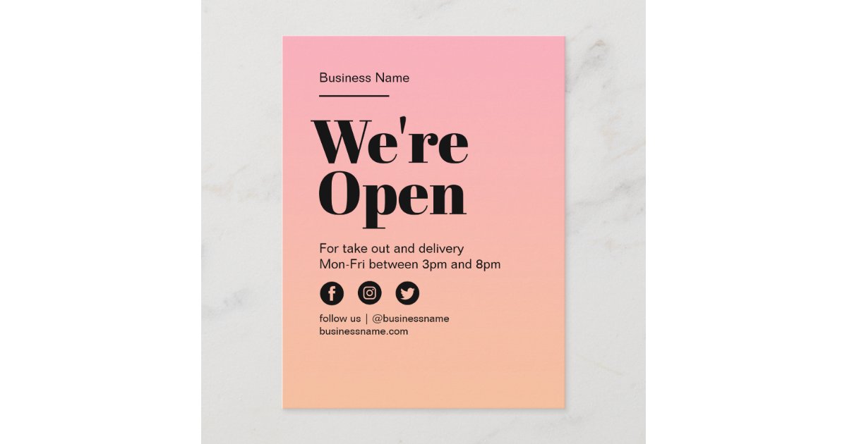 Business Open Sign Pink Orange Sunset Gradient Announcement Postcard ...