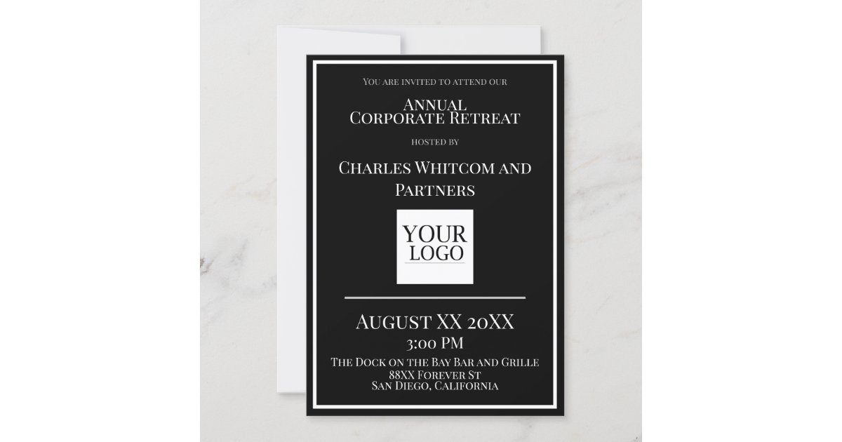 Business or Corporate Event with Custom Logo Black Invitation | Zazzle