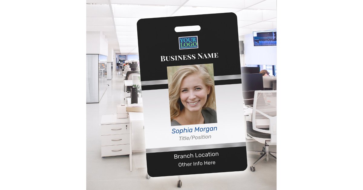 Business Photo Name Logo Info, Black & Silver Badge | Zazzle