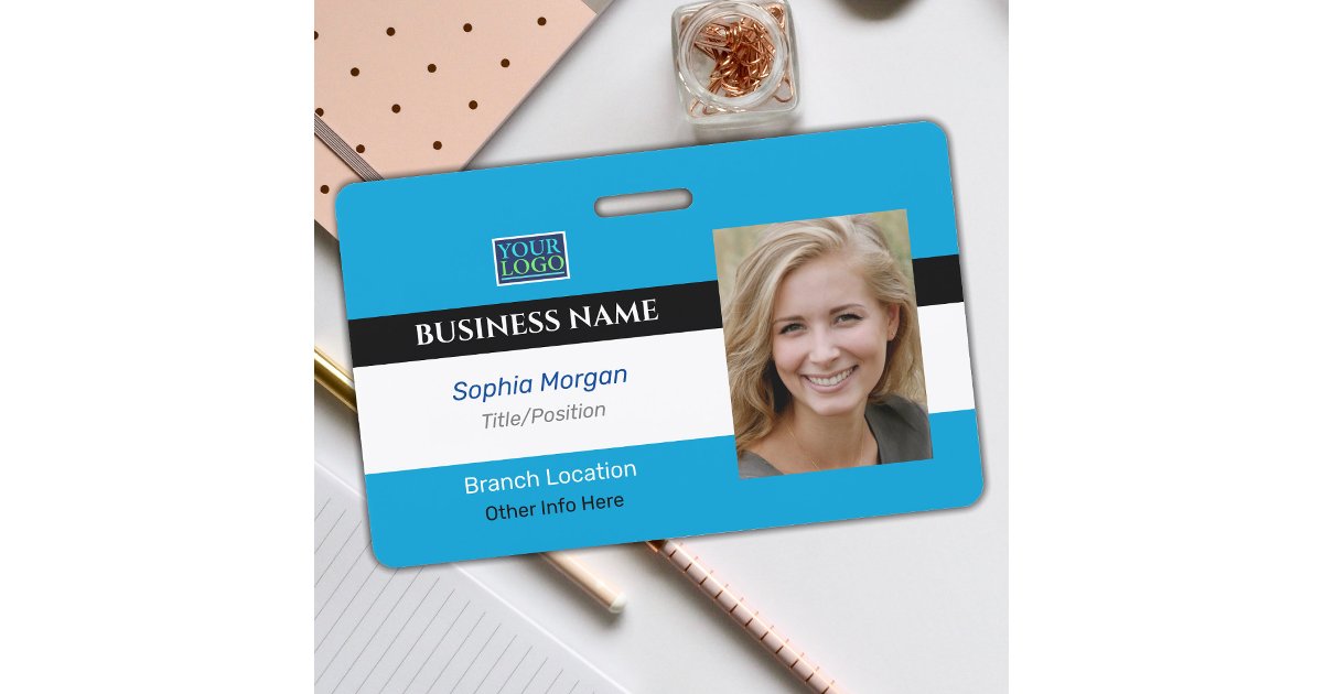 Business Photo Name Logo Info, Blue, Black & White Badge | Zazzle