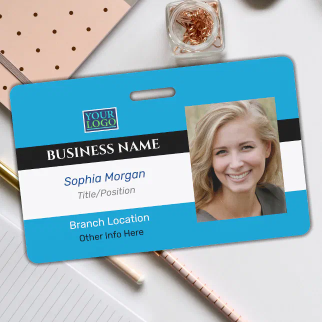 Business Photo Name Logo Info, Blue, Black & White Badge | Zazzle