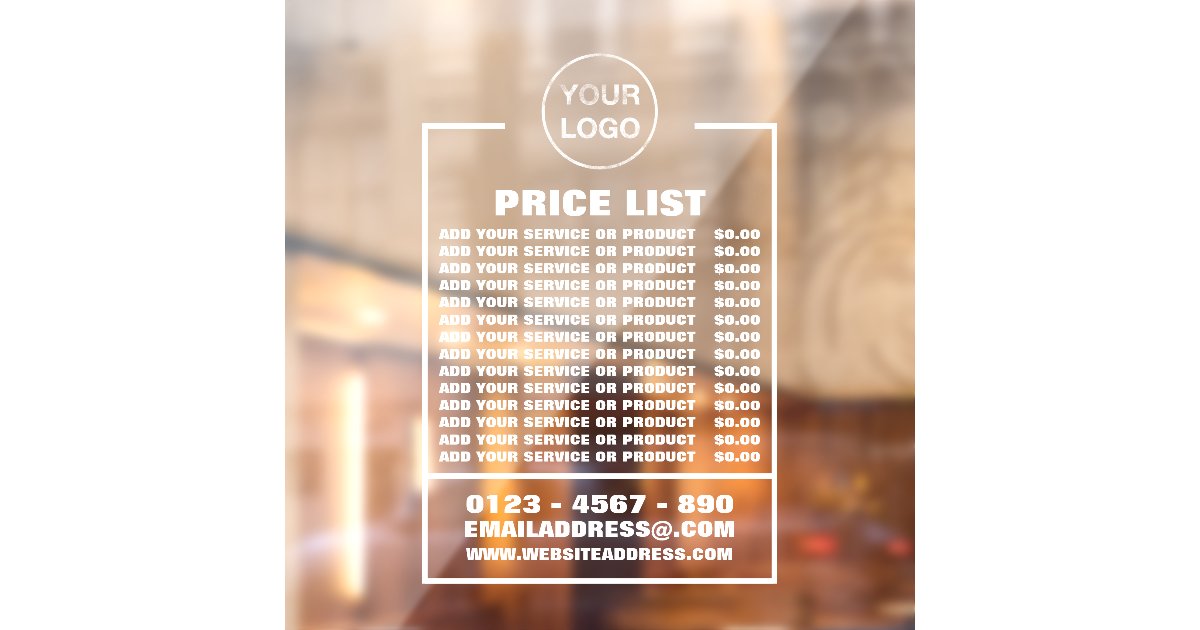 Business Price List, Information and Logo Window Cling | Zazzle