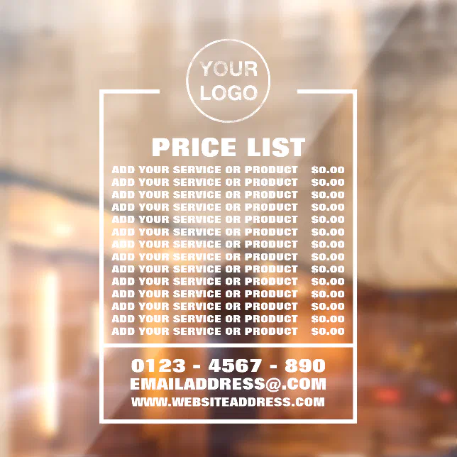 Business Price List, Information and Logo Window Cling | Zazzle