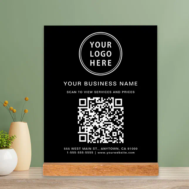 Business QR Code and Logo Black Acrylic Sign | Zazzle