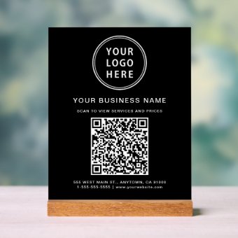 Business QR Code and Logo Black Acrylic Sign | Zazzle