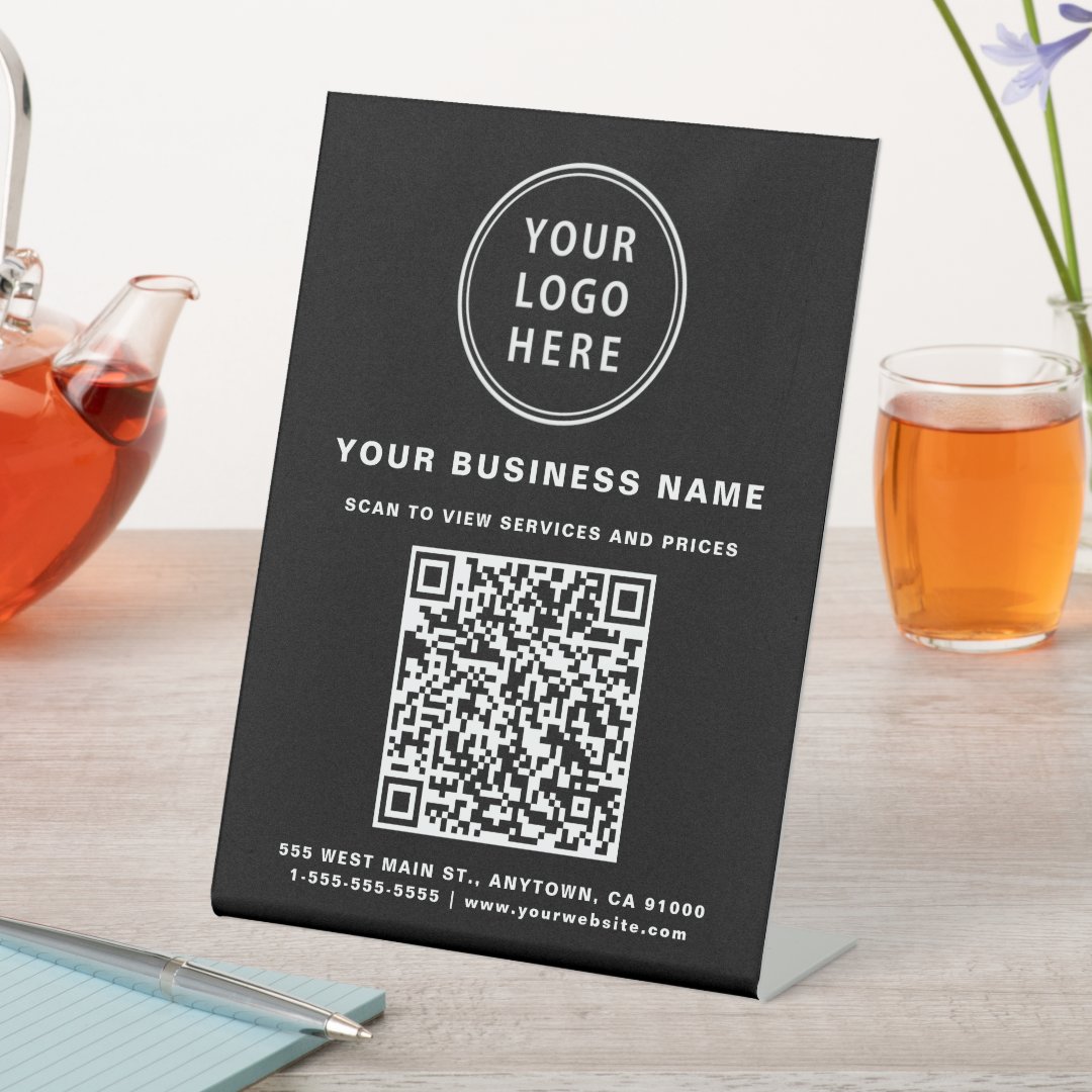 Business QR Code and Logo Black Pedestal Sign | Zazzle