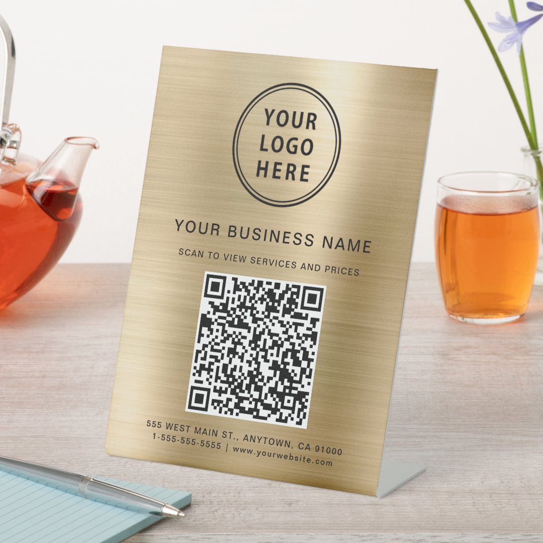 Business QR Code and Logo Metallic Gold Pedestal Sign | Zazzle