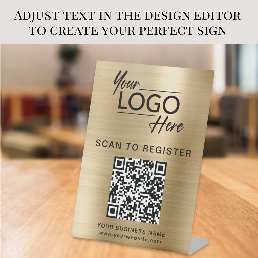 Business QR Code and Logo Metallic Gold Pedestal Sign | Zazzle