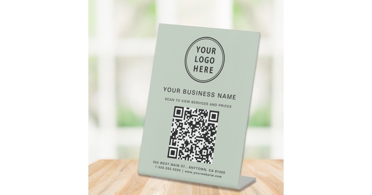 Business QR Code and Logo Sage Green Pedestal Sign | Zazzle