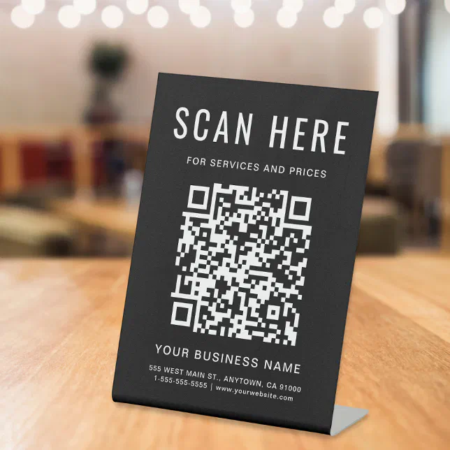 Business QR Code Black Tabletop Pedestal Sign | Zazzle