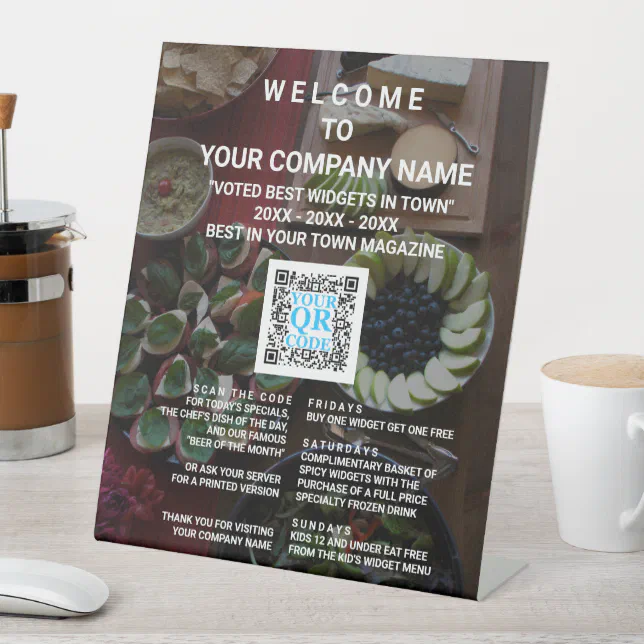 Business QR Code Dark Photo Cool Retail Welcome Pedestal Sign | Zazzle