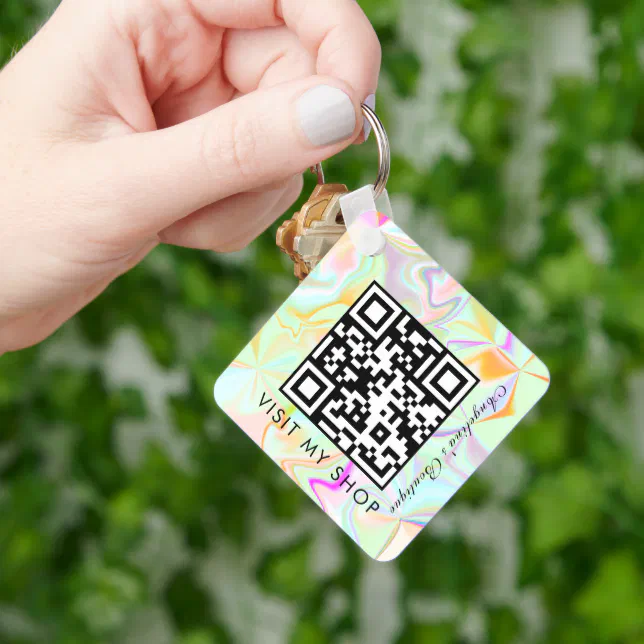 Business QR Code Faux Holographic Monogrammed Keychain | Zazzle