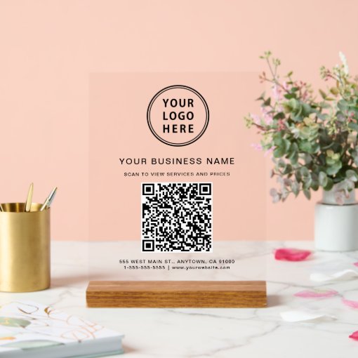 Business QR Code Logo Clear Acrylic Sign | Zazzle