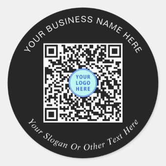 Business QR Code Logo Promotional Black Classic Round Sticker | Zazzle