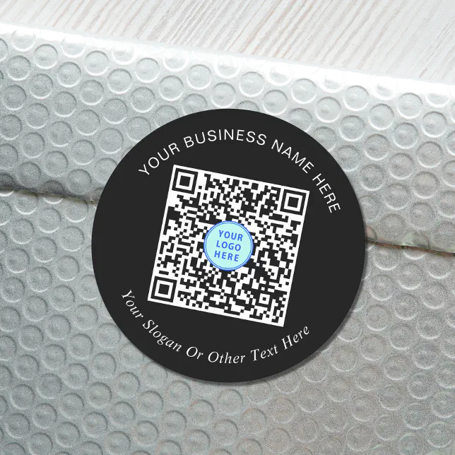 Business QR Code Logo Promotional Black Classic Round Sticker | Zazzle