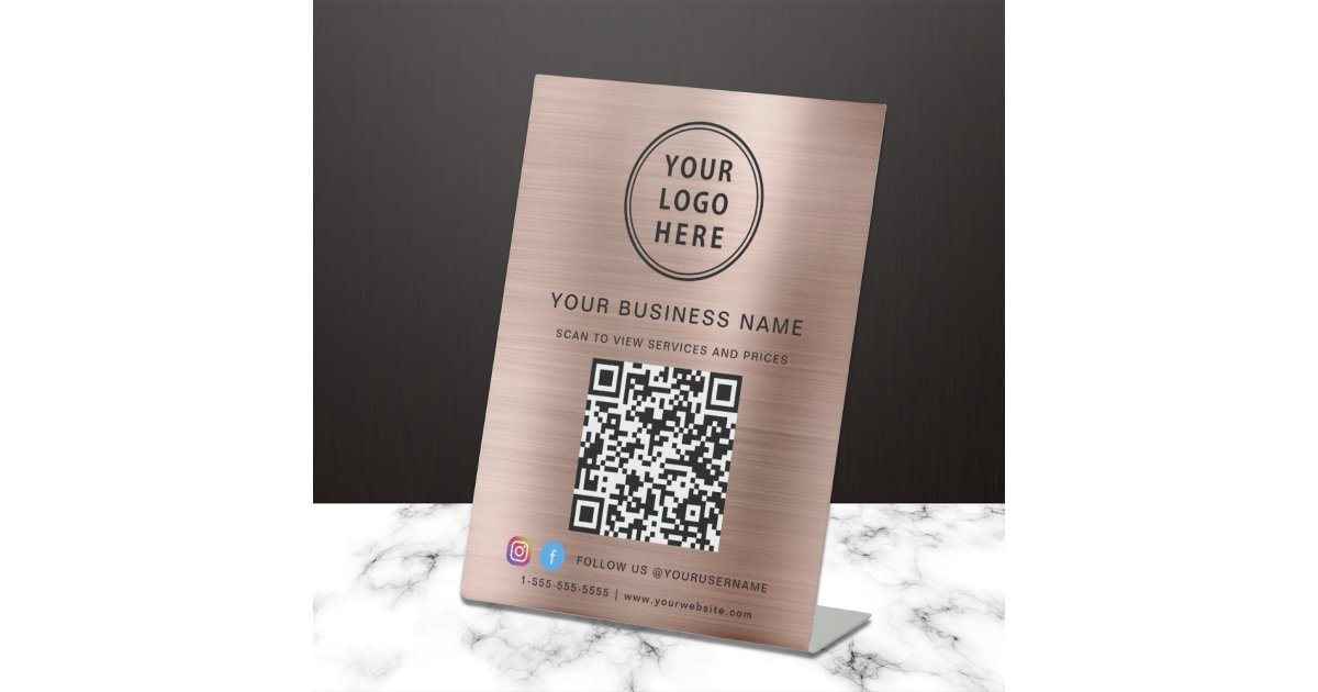 Business QR Code Logo Social Media Rose Gold Pedestal Sign | Zazzle