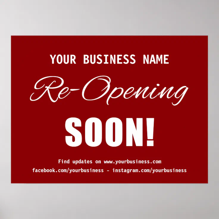 Business Re-Opening Soon Red Poster | Zazzle
