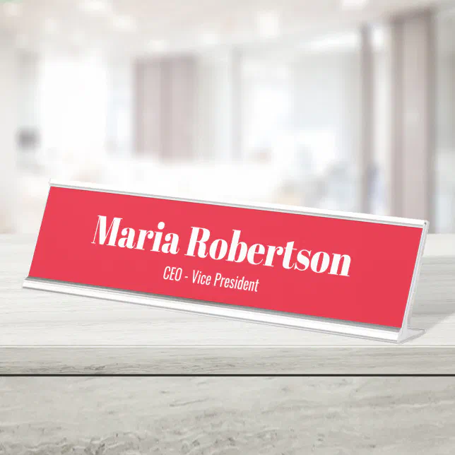 Business Red and White Simple Custom Desk Name Plate | Zazzle