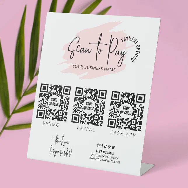Business Scan To Pay 3 QR Codes Pink Watercolor Pedestal Sign | Zazzle