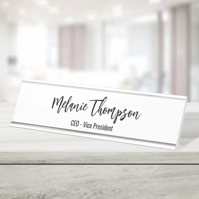 Business Simple Script Black and White Custom Desk Name Plate | Zazzle