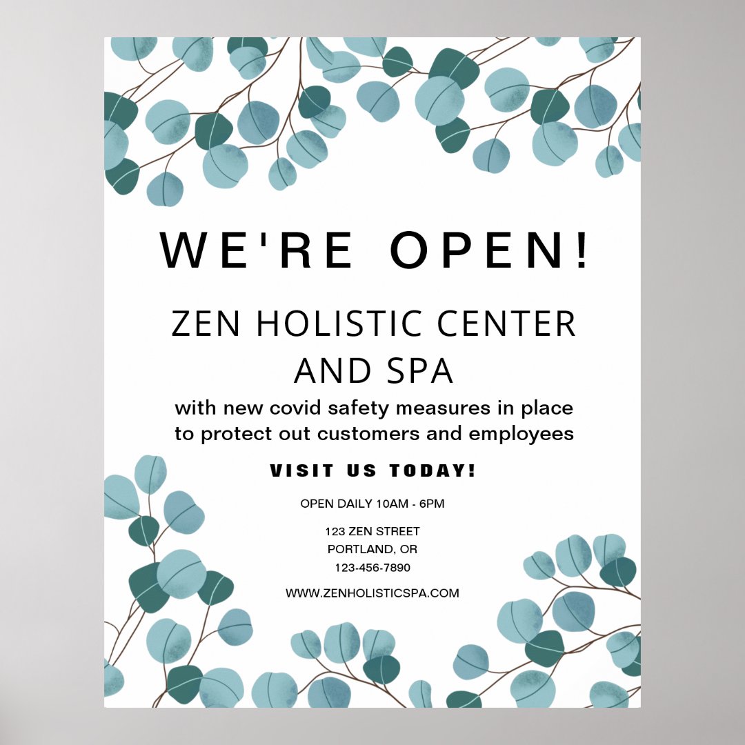 Business Spa Reopening Teal Black Botanical Poster | Zazzle
