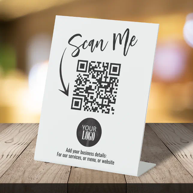 Business Tabletop QR Code Modern Logo Scan Me Pedestal Sign | Zazzle