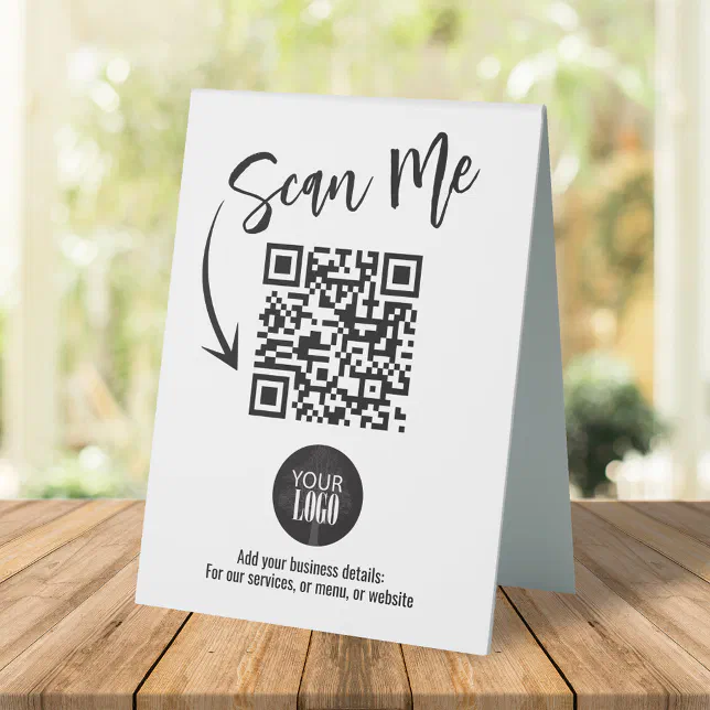 Business Tabletop QR Code Modern Logo Scan Me Table Tent | Zazzle