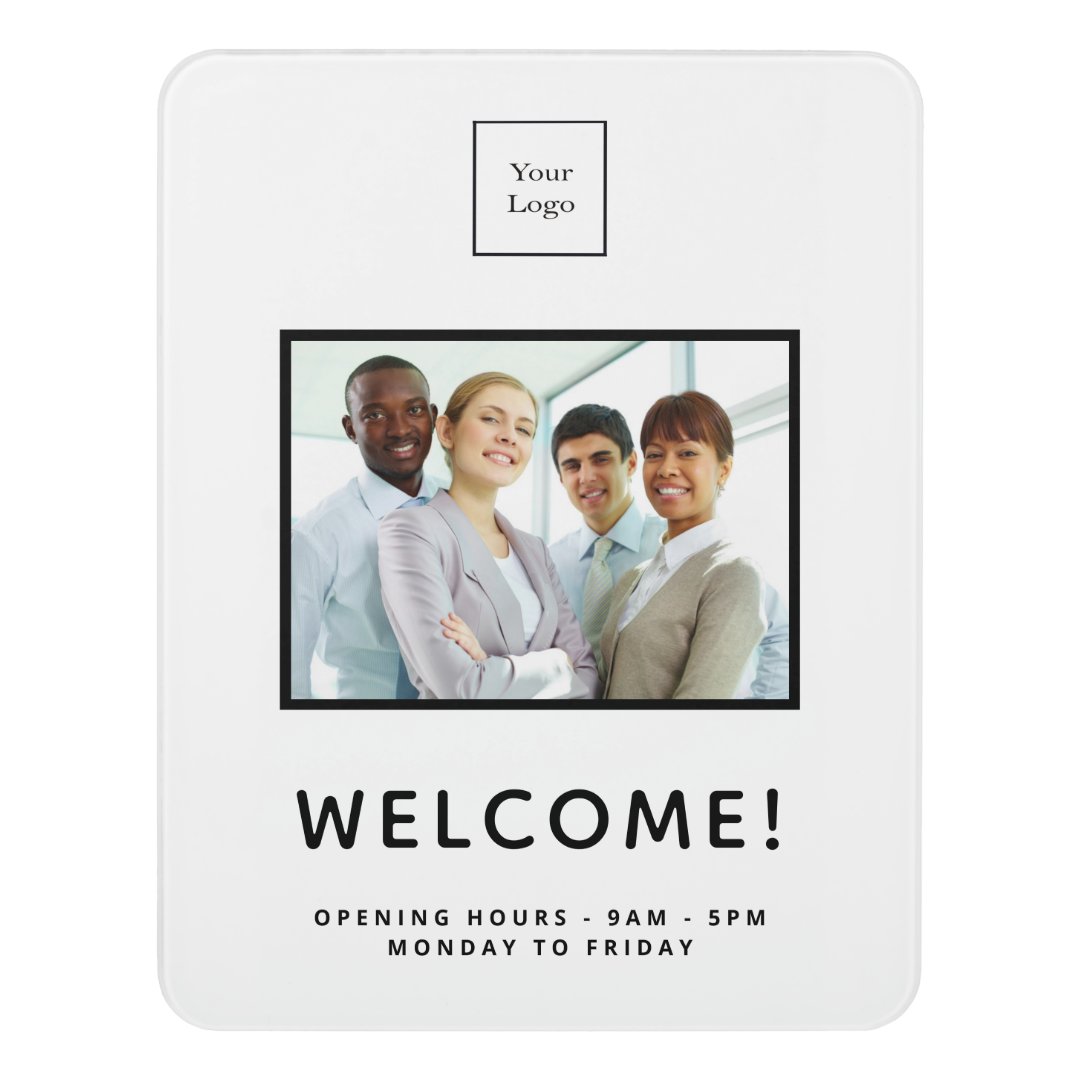 Business team photo white black welcome door sign | Zazzle