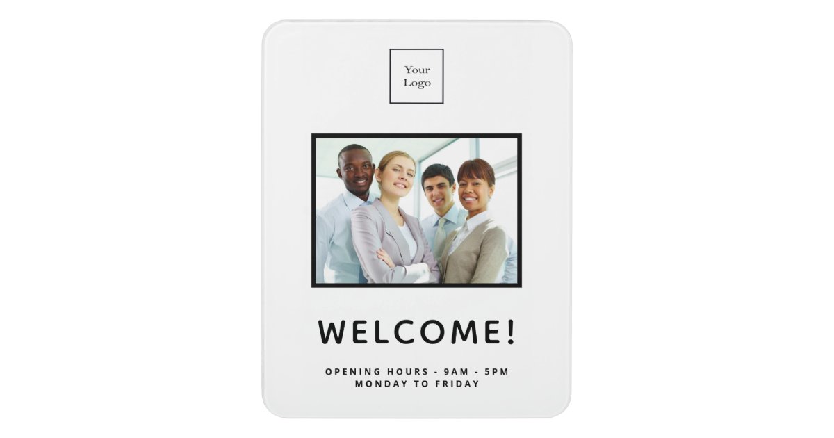 Business team photo white black welcome door sign | Zazzle