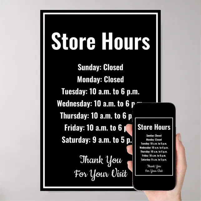Business Template Black & White Store Hours Poster | Zazzle