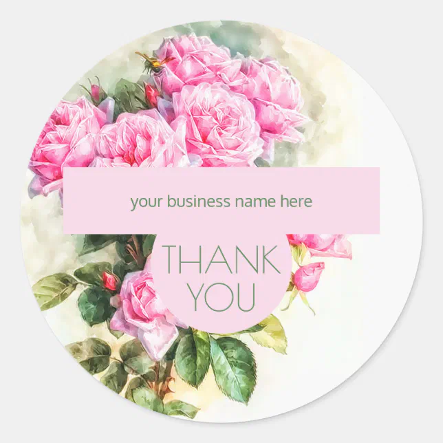 Business Thank You Vintage Pink Roses Classic Round Sticker | Zazzle