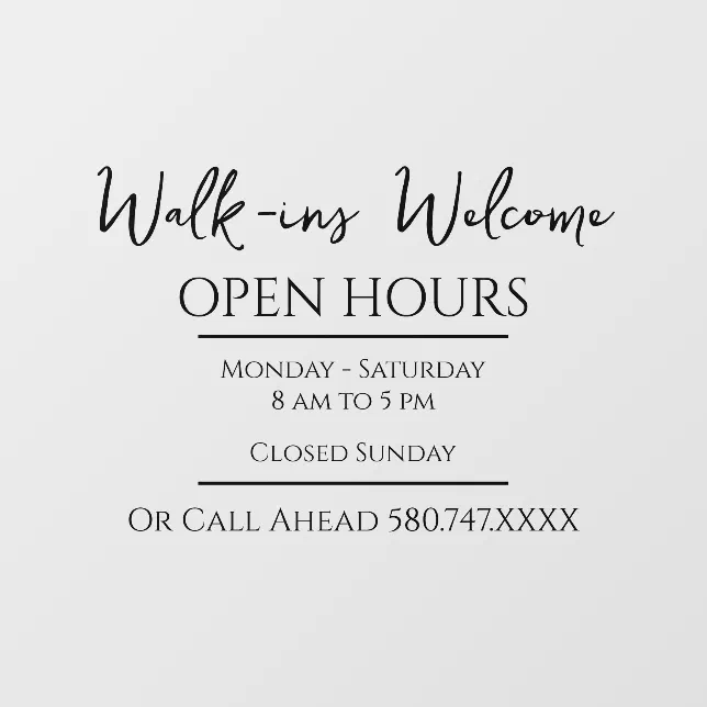Business Walk-ins Welcome and Open Hours Window Cling | Zazzle