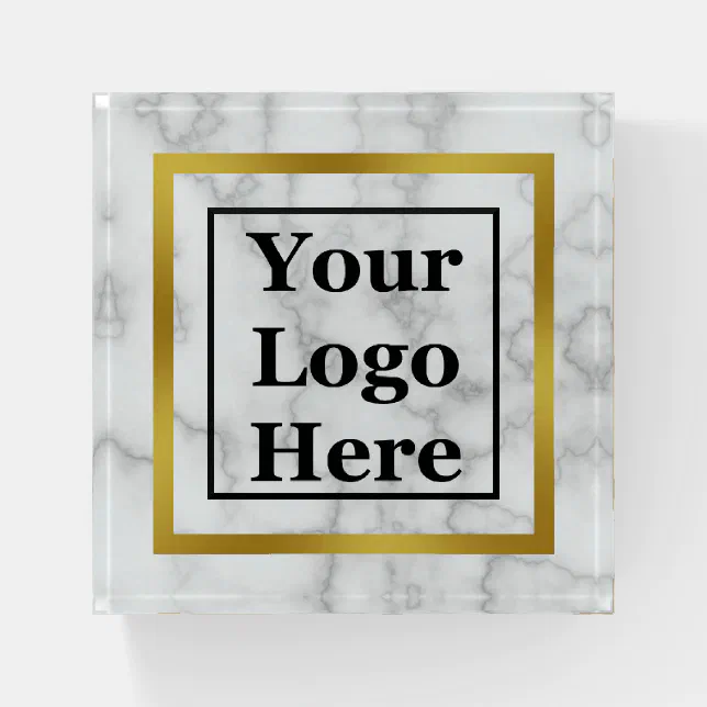 Business Your Logo Here on Faux White Marble Paperweight | Zazzle
