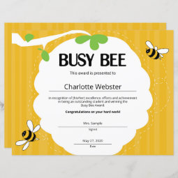 Busy Bee CertificateStudent RecognitionCertificate | Zazzle