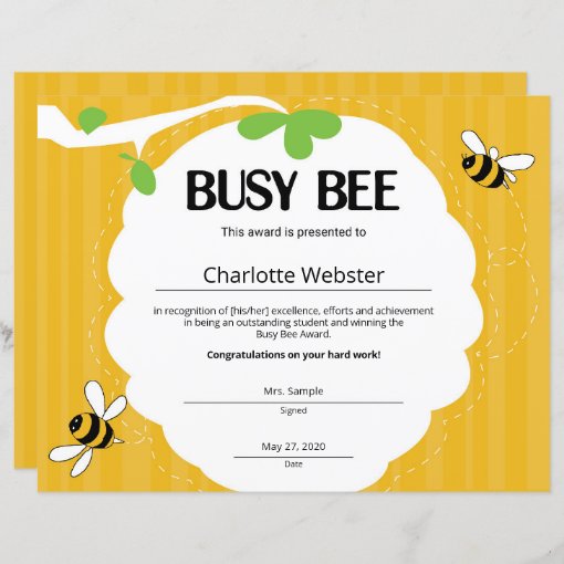 Busy Bee CertificateStudent RecognitionCertificate | Zazzle