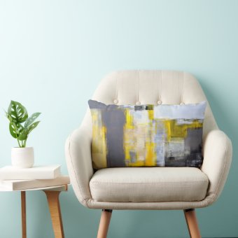 'Busy, Busy' Grey and Yellow Abstract Art Lumbar Pillow | Zazzle