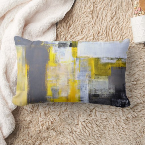 'Busy, Busy' Grey and Yellow Abstract Art Lumbar Pillow | Zazzle