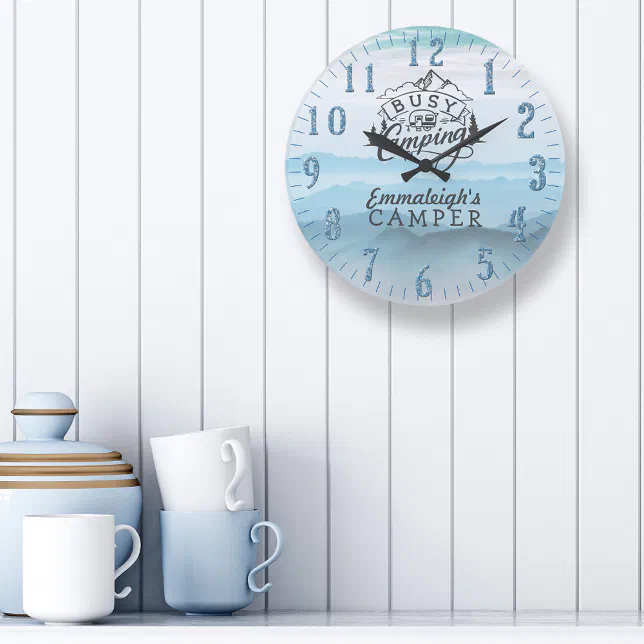 Busy Camping Time Custom Camper Large Clock | Zazzle