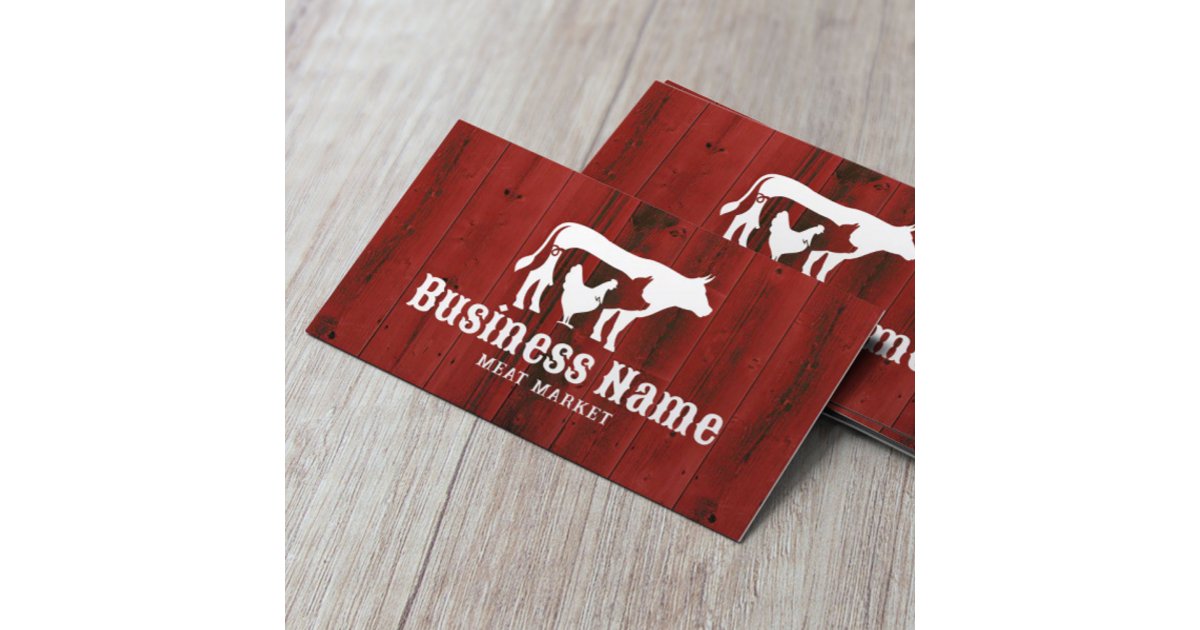 Butcher Shop Meat Market Chicken Pig Cow Red Wood Business Card | Zazzle