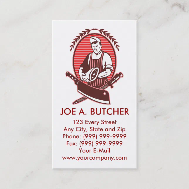 Butcher with meat knife and sharpener business card | Zazzle