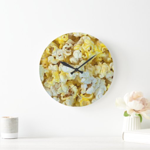 buttered popcorn background large clock | Zazzle