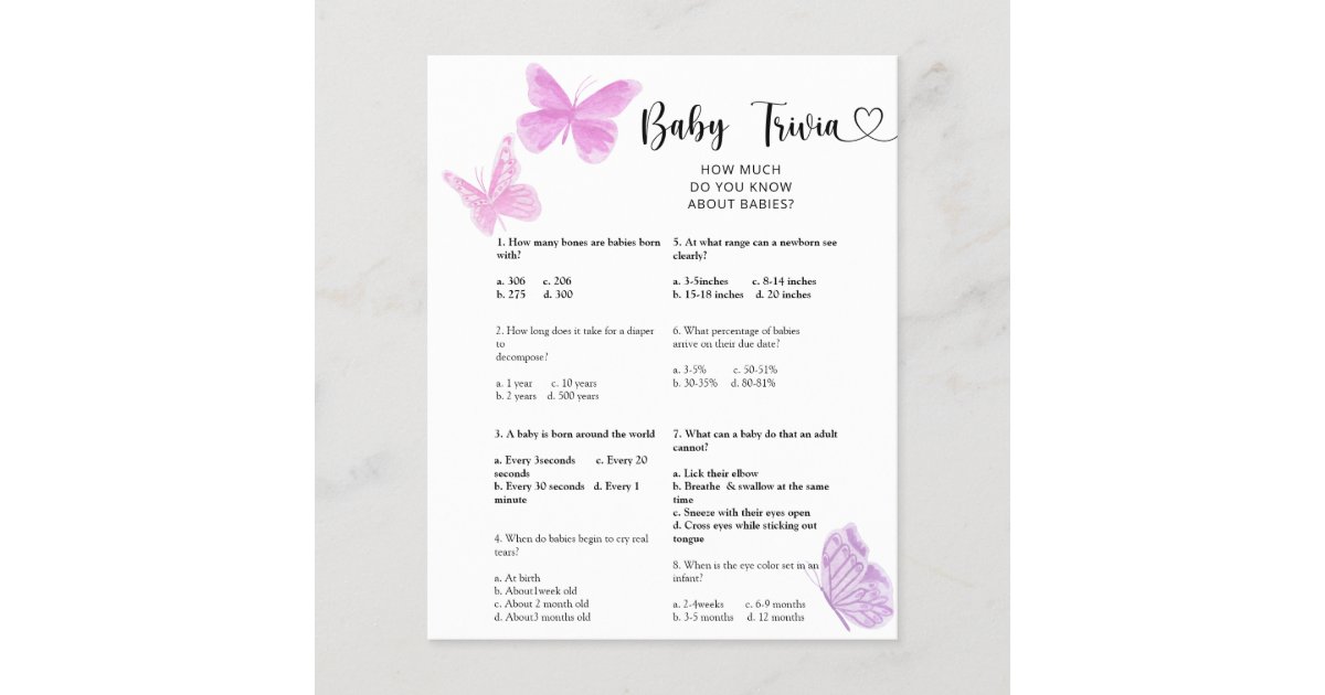 Butterflies - Baby Trivia | Baby Shower Game | Zazzle