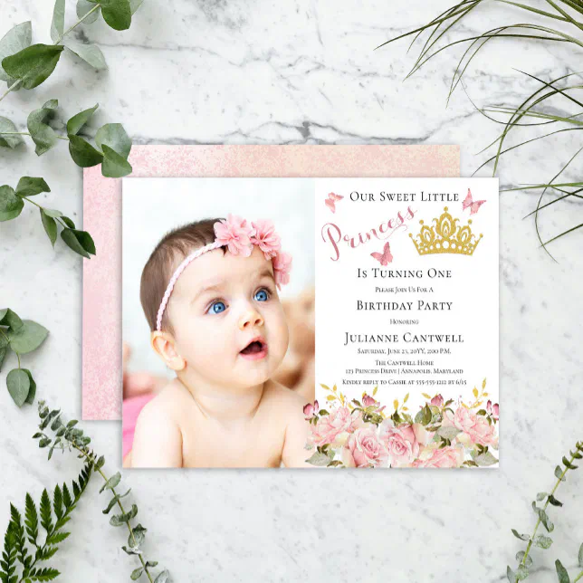 Butterflies Floral Princess Photo 1st Birthday Invitation | Zazzle