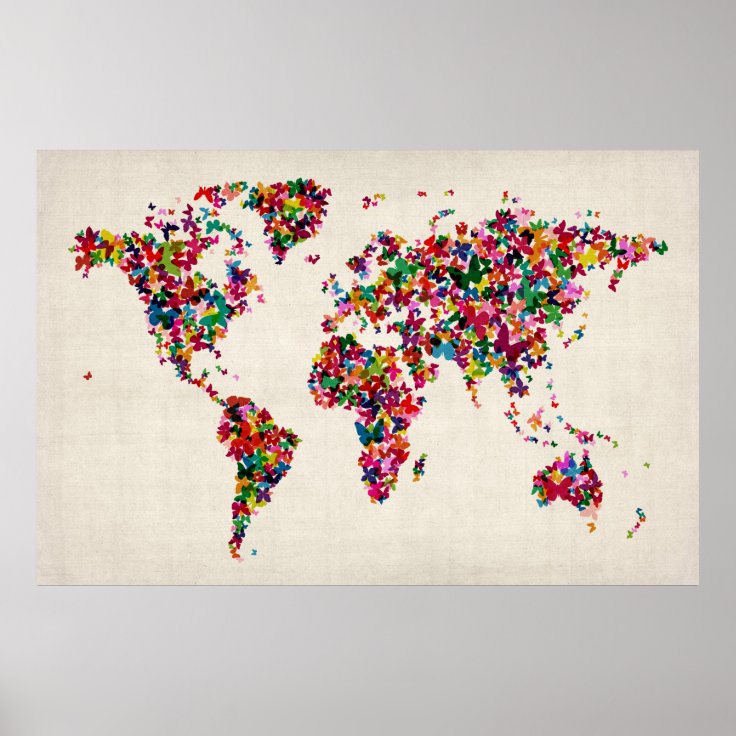 Butterflies Map of the World Map Poster | Zazzle